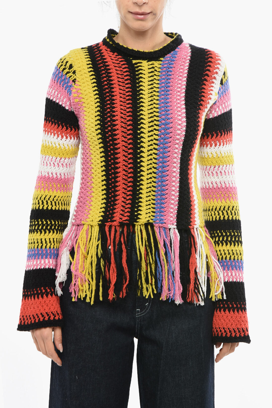 Chloe – Fringed Bottom Crochet Sweater with Multicolor Motif – Women ...